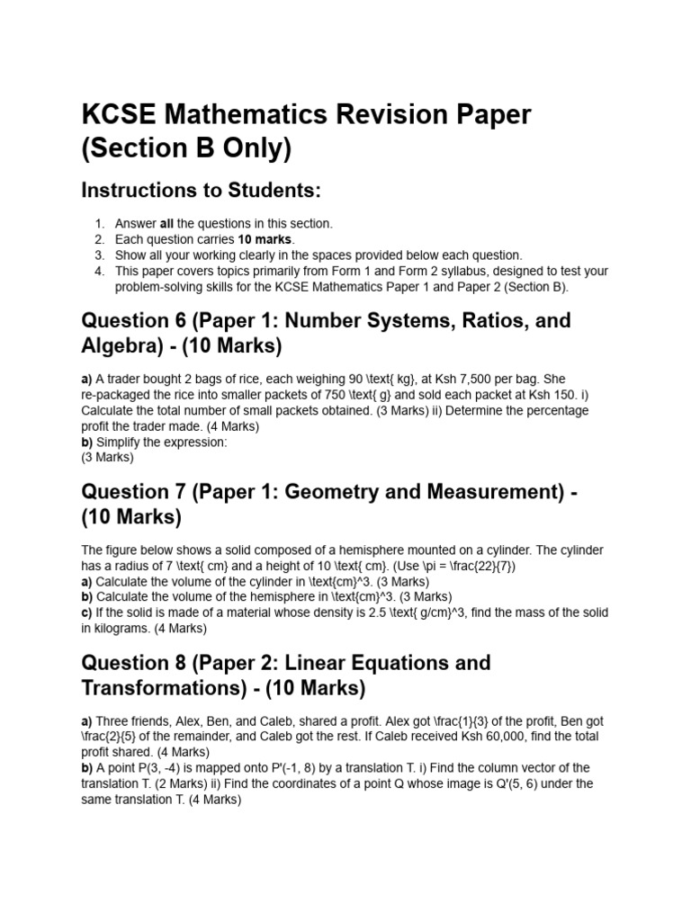 KCSE Form 1 & 2 Mathematics Revision Paper (Sectio... | PDF | Density ...