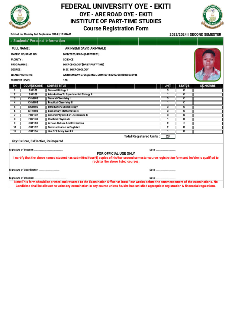 Course Registration Form - Akinyemi David Akinwale - SECOND Semester ...