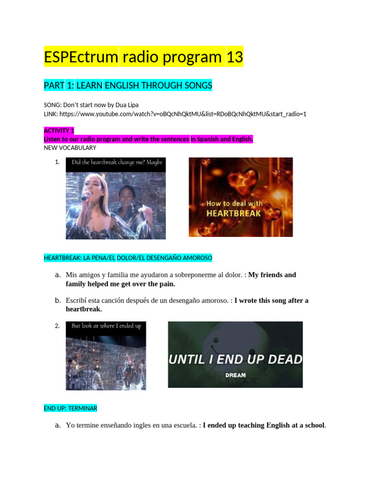 ESPECtrum Program 13 activities (1) | PDF | Song Structure | English Language