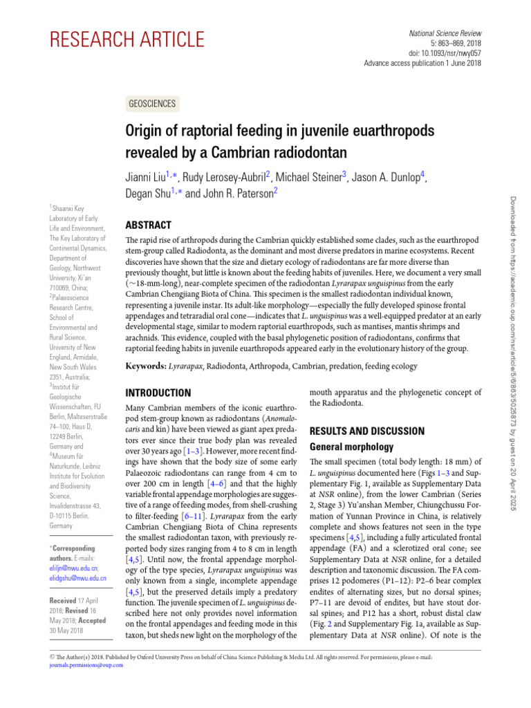 Origin of Raptorial Feeding in Juvenile Euarthropods Revealed by A ...