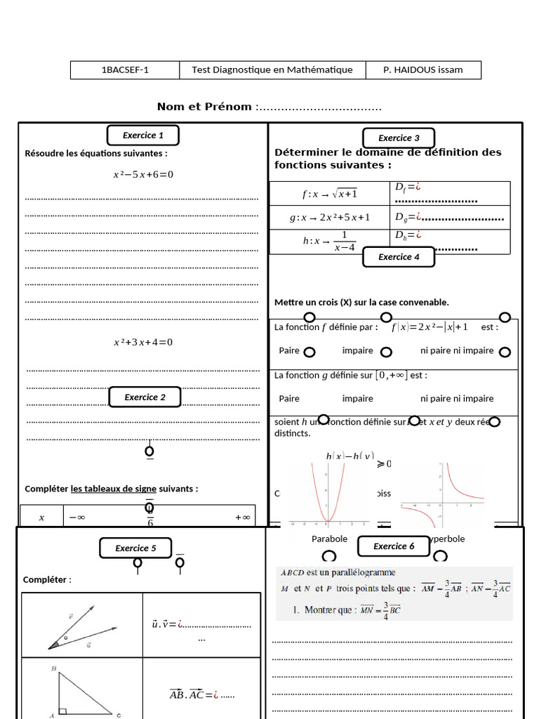 Evaluation Diagnostique Maths Premiere Bac Sciences Word 8 | PDF