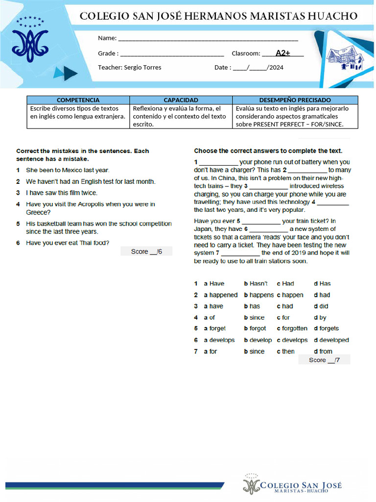 Grammar - w8 - 2,3º Sec - Unit 7 - Present Perfect - Past Simple | PDF