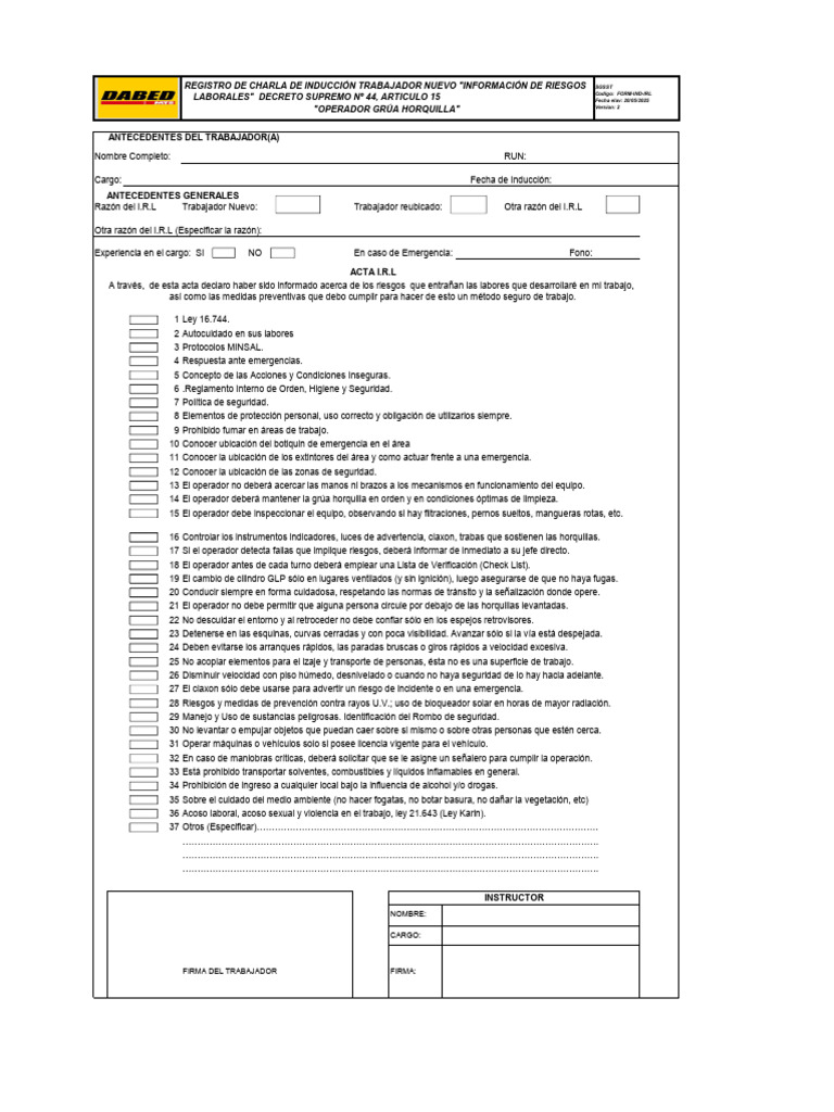 FORM-IND-IRL-13 TRABAJADOR NUEVO Grua Horquilla | PDF
