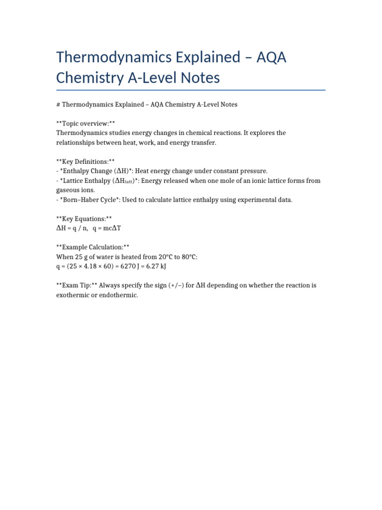 AQA A-Level Thermodynamics Guide | PDF