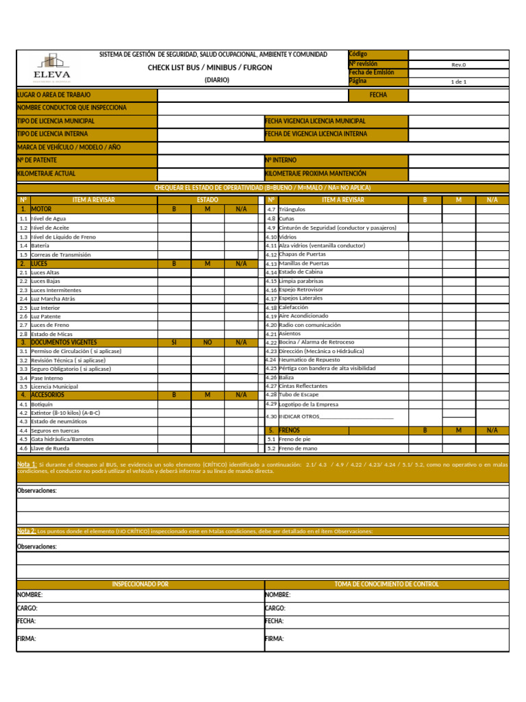 F-8 Check List Bus - Mini Bus - Furgon Rev 0 | PDF | Coche | Vehículos