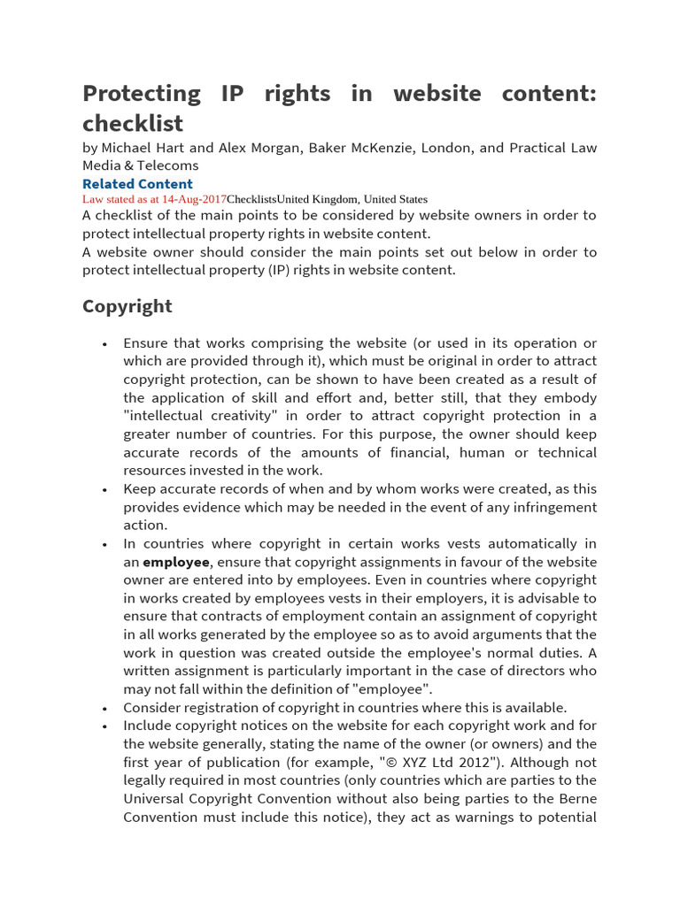 Website IP Rights Protection Checklist | PDF | Trademark | Patent