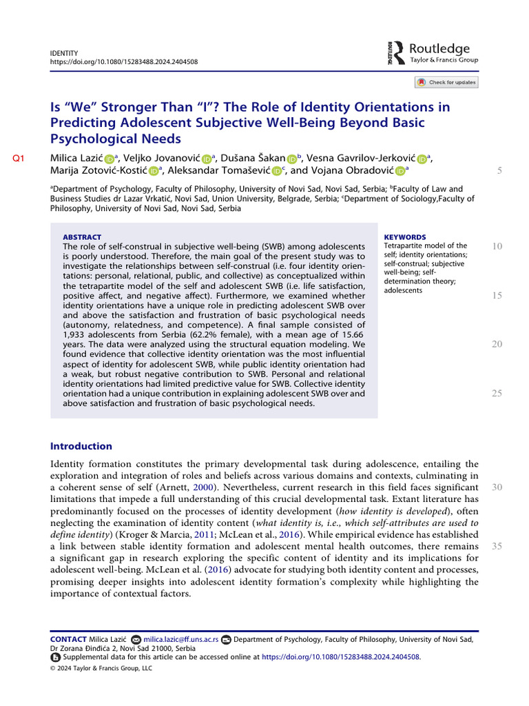 Identity Orientations and Adolescent Well-Being | PDF | Well Being ...