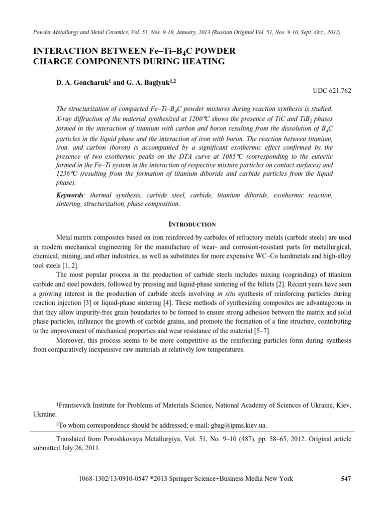 Interaction Between Fe-Ti-B4C Powder Charge Components During Heating ...