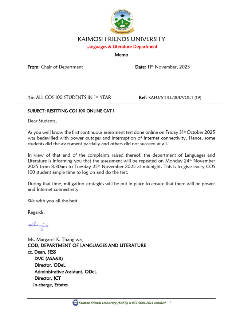 Memo to COS 100 1st Year Students | PDF