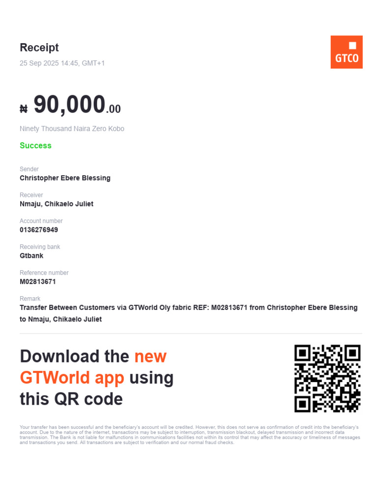 Successful GTBank Transfer Receipt | PDF