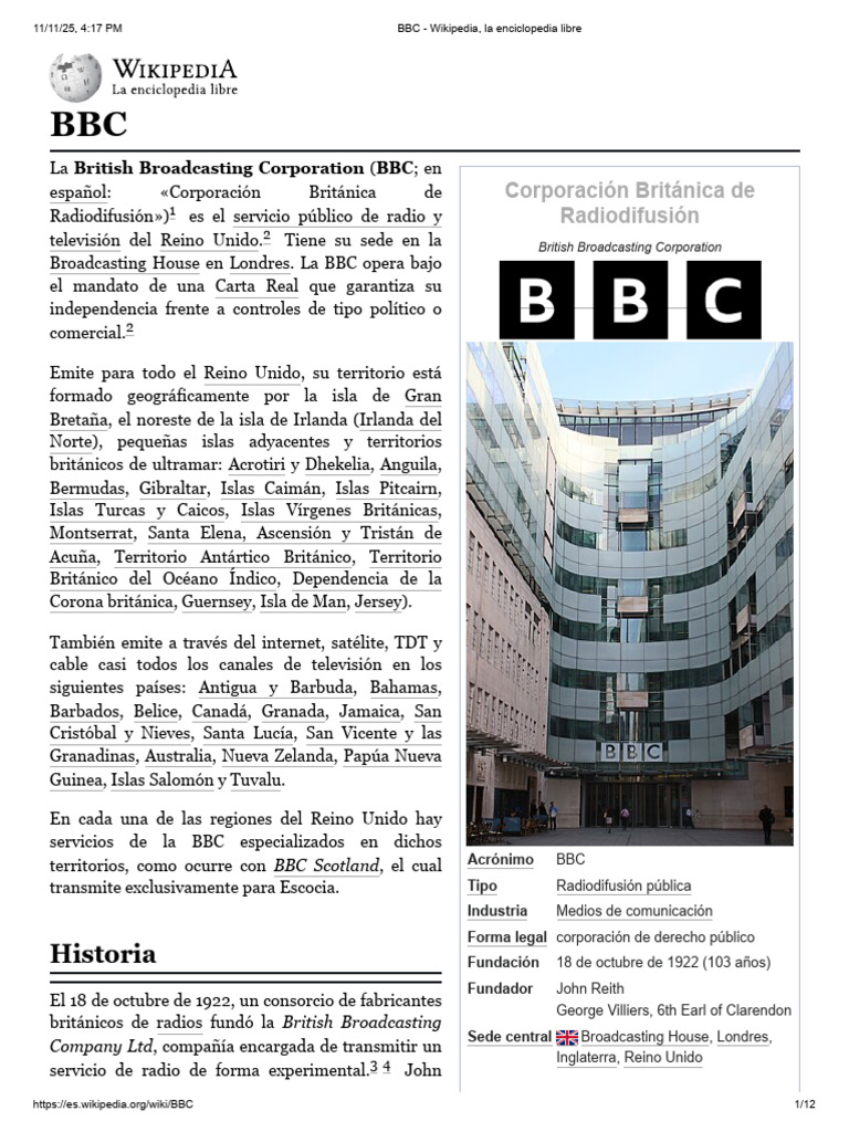 Historia y Función de la BBC | PDF | Bbc | Televisión de alta definición