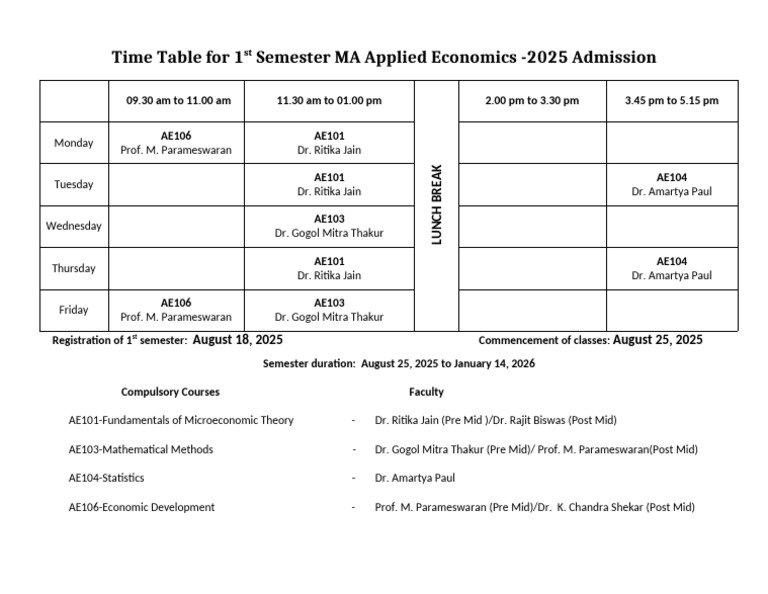 Class Time Table MA I Semester-MA2025 - 12.08.2025 | PDF
