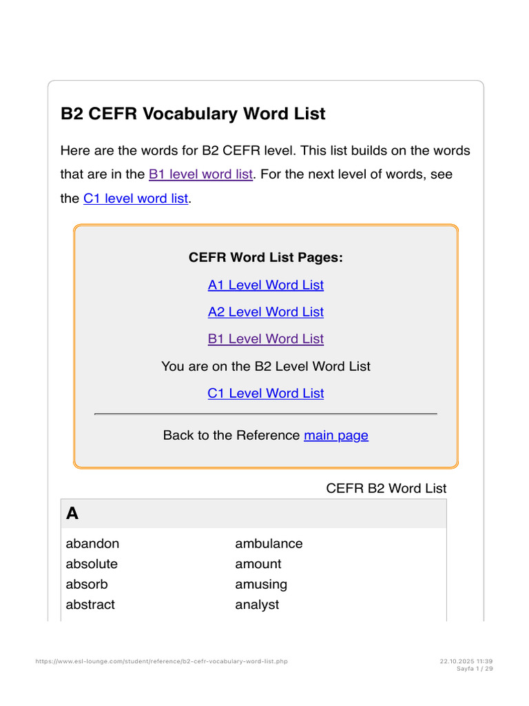 B2 CEFR Vocabulary Word List - Words For Upper Intermediate | PDF