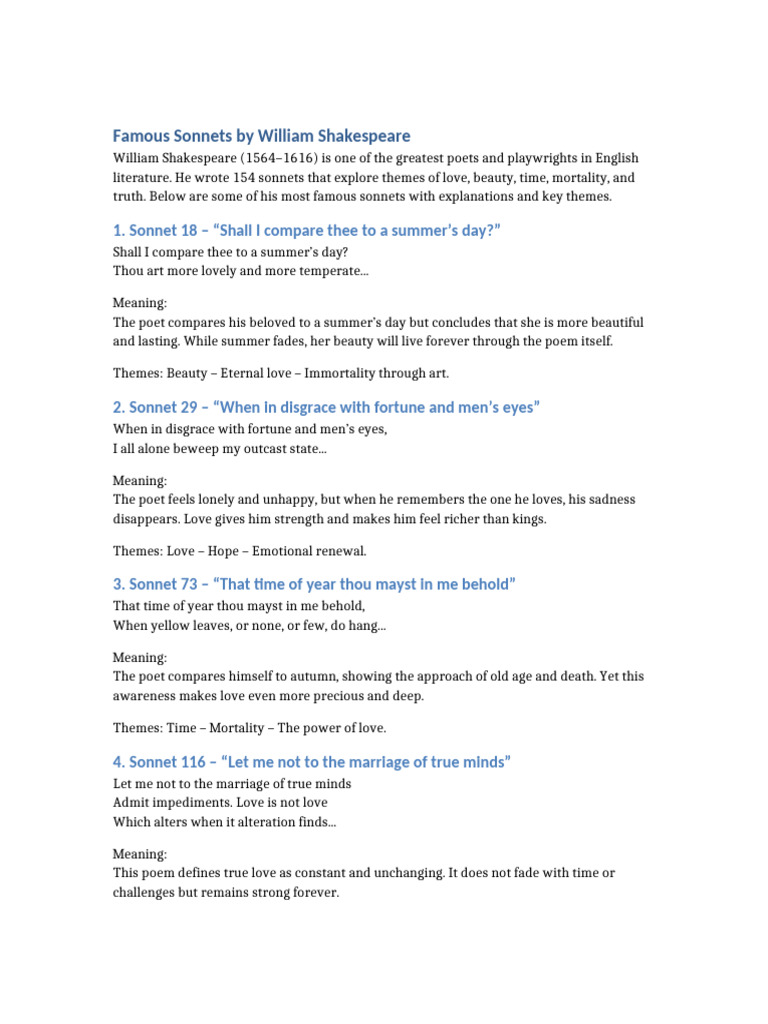 Famous Sonnets by Shakespeare | PDF
