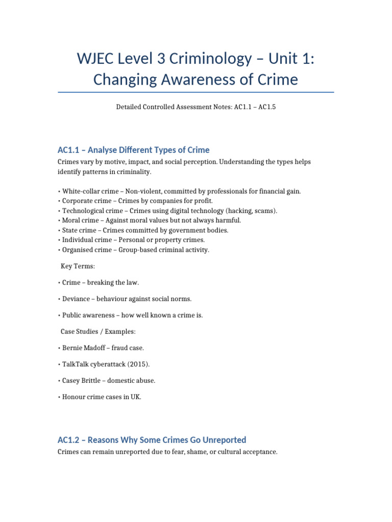 WJEC Unit1 Criminology AC1.1-1.5 Notes | PDF | Crimes | Crime & Violence