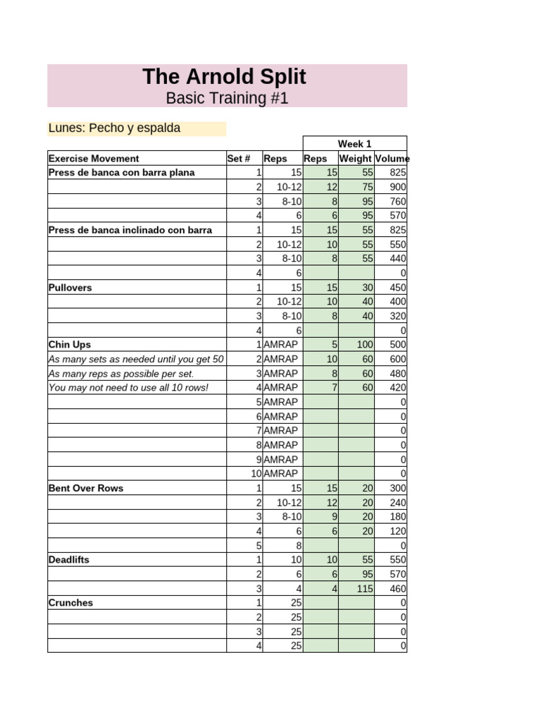 Arnold Split Workout Routine Spreadsheet (Basic Training Program 1) - LiftVault.com (1) | PDF ...