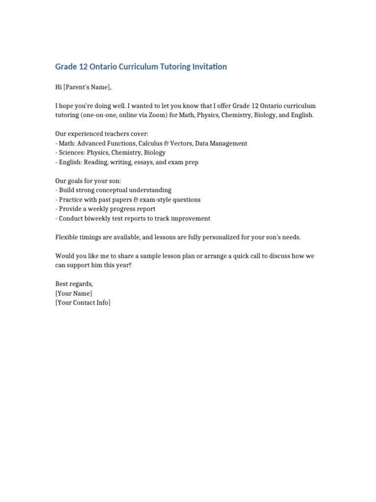 Grade 12 Ontario Tutoring Invitation | PDF