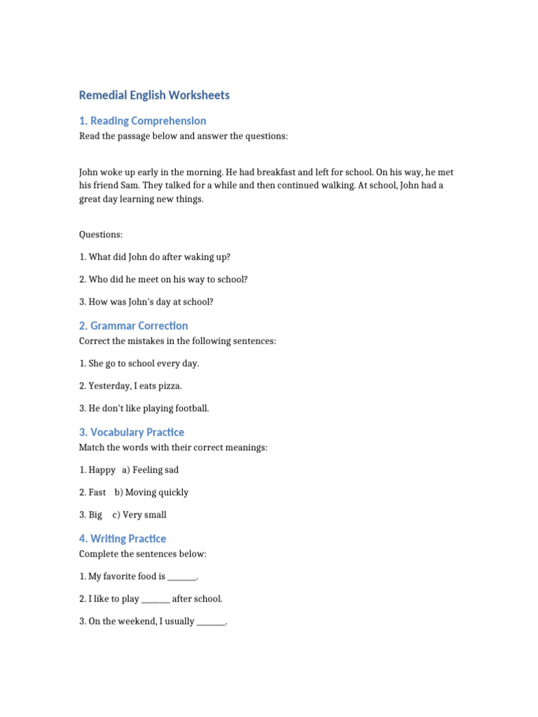 Remedial English Worksheets for Students | PDF