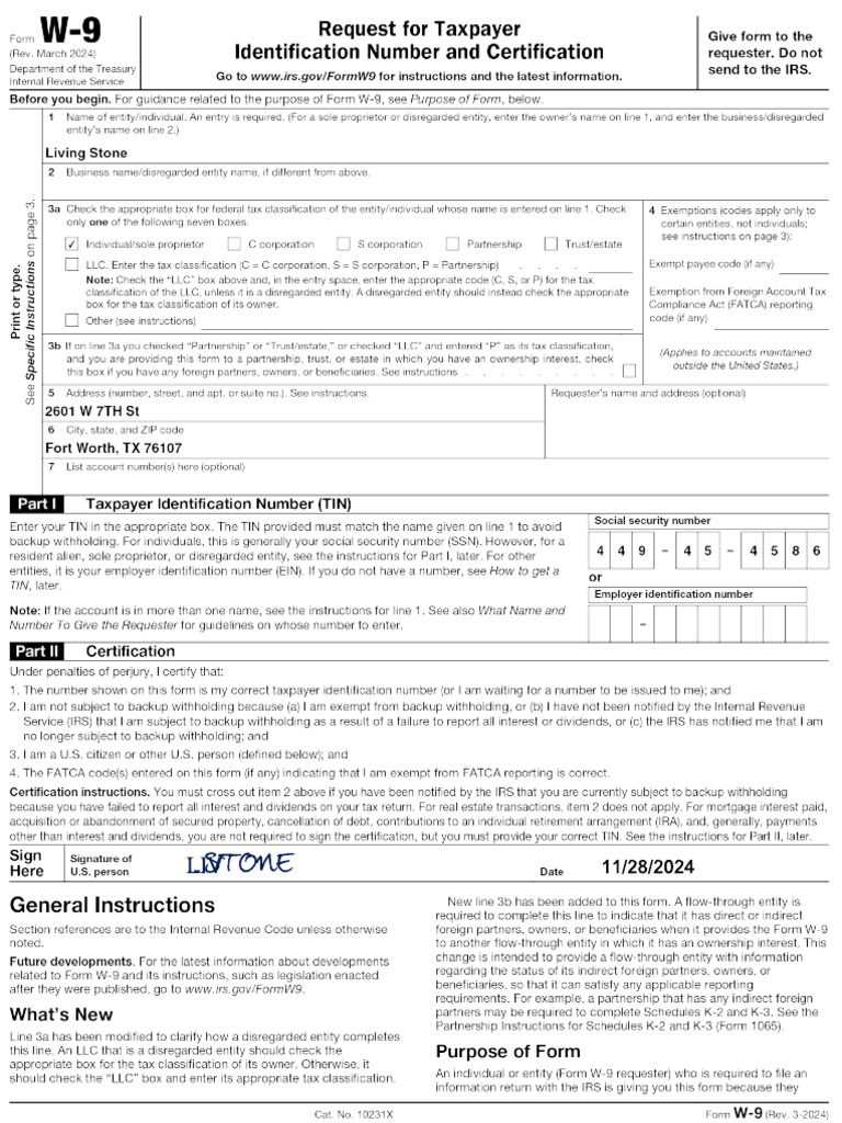 Living Stone w9 Form | PDF | Payments | Limited Liability Company