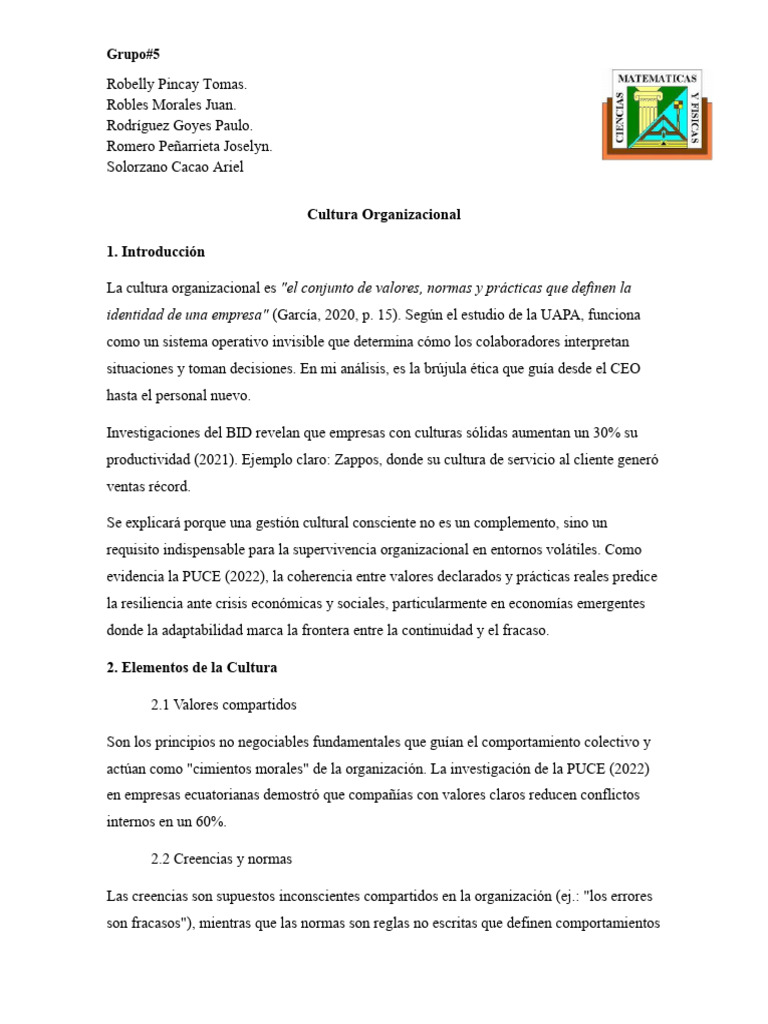 Cultura Organizacional - G#5 | PDF | Comportamiento | Cultura ...