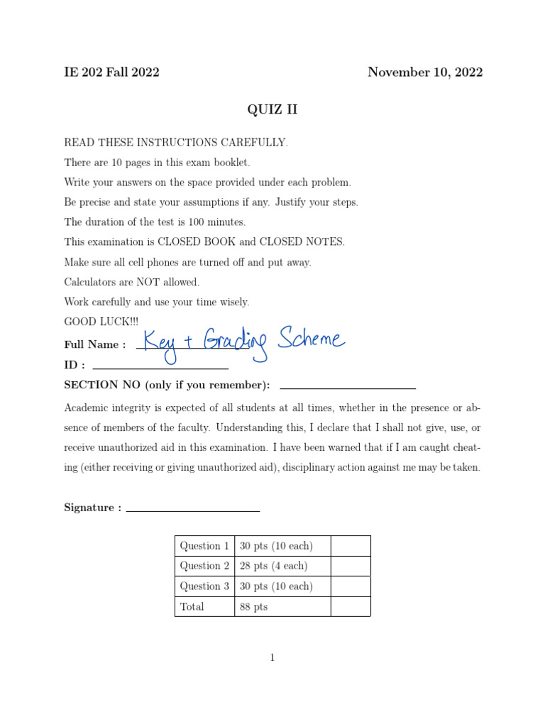 Fall 2022 Quiz 2 Grading Scheme | PDF | Mathematics | Algorithms