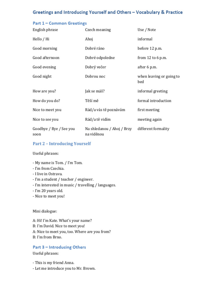 Greetings and Introducing Worksheet | PDF