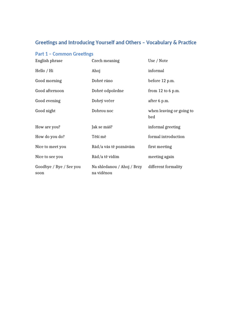 Greetings and Introducing Worksheet | PDF