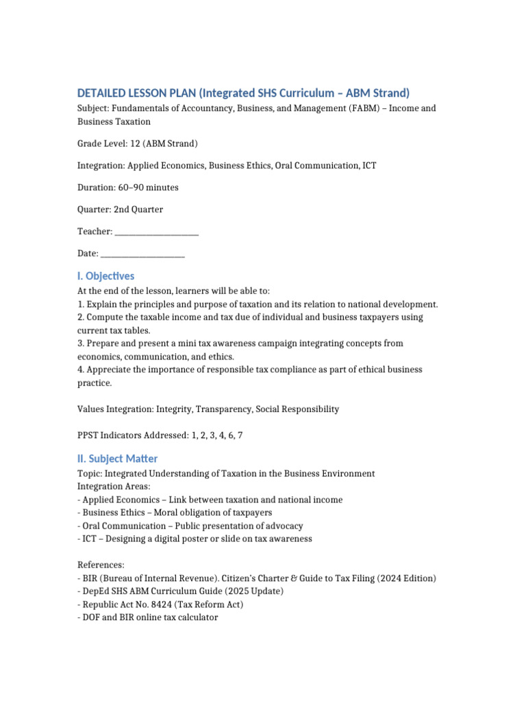 Taxation Lesson Plan for ABM Students | PDF | Taxes | Educational ...