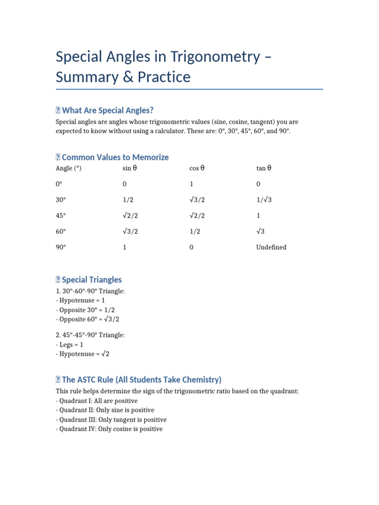 Special Angles in Trigonometry Guide | PDF