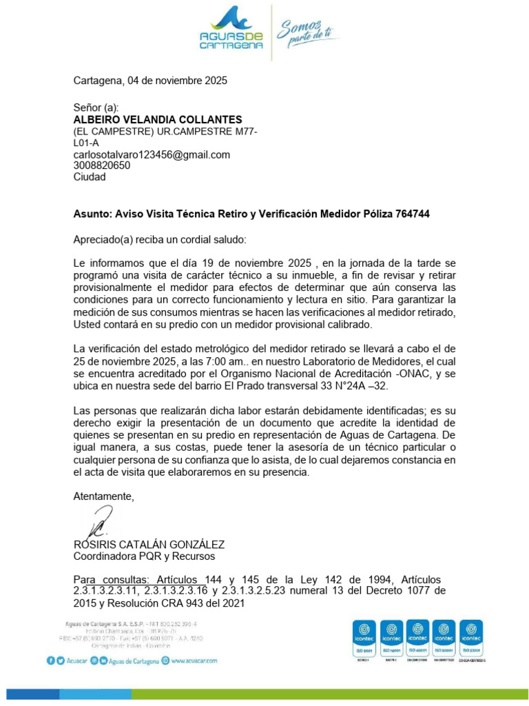 Carta Retiro y Calibración Medidores Poliza. 764744 | PDF