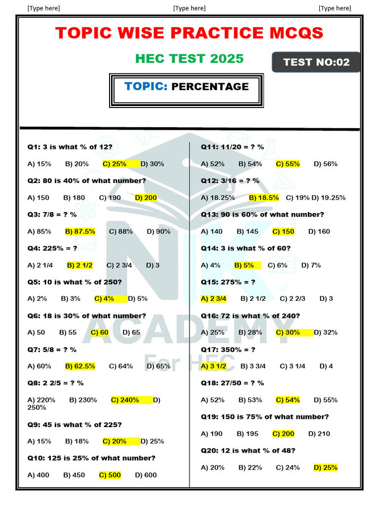 Percentage MCQs for HEC Test 2025 | PDF