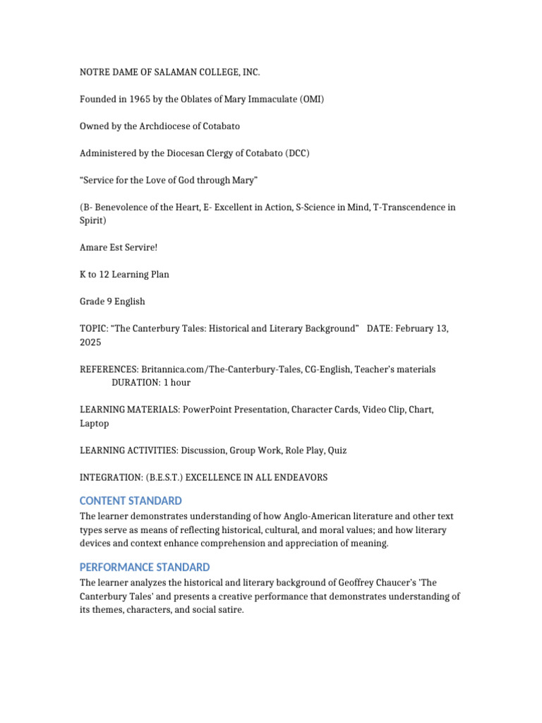 LESSON PLAN The Canterbury Tales | PDF | The Canterbury Tales