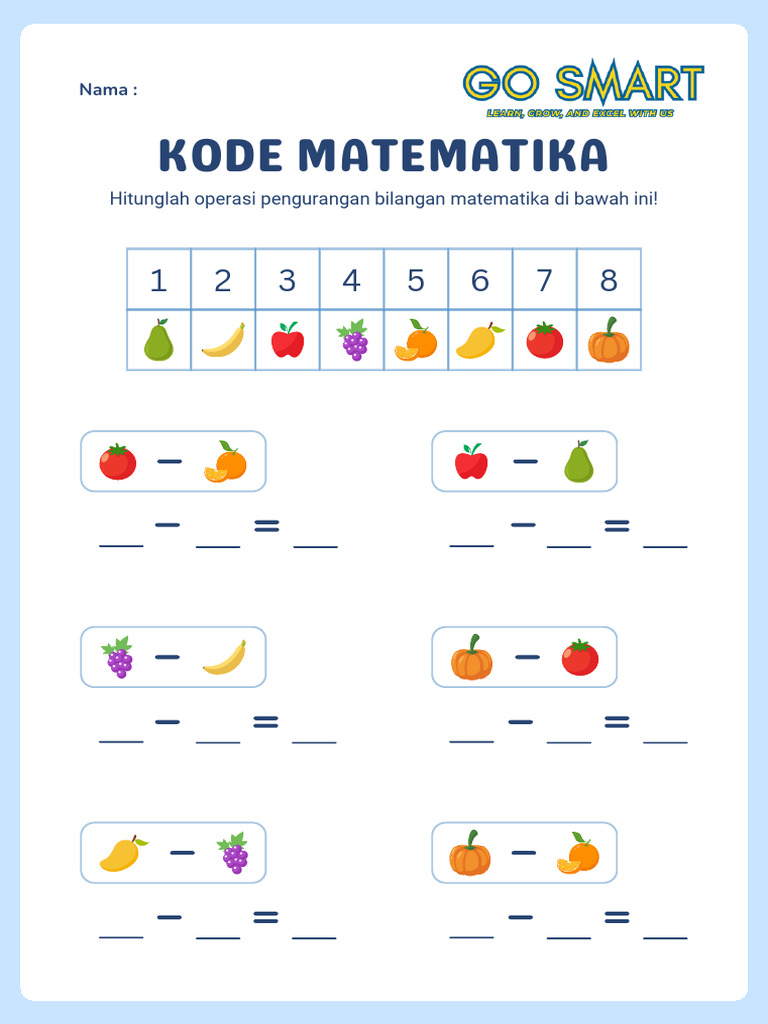 Koding Operasi Hitung Pengurangan Matematika Lembar Kerja Numerasi Tema ...