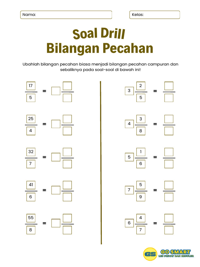 Soal Drill Bilangan Pecahan Lembar Kerja Warna Kuning Gaya Ilustrasi | PDF