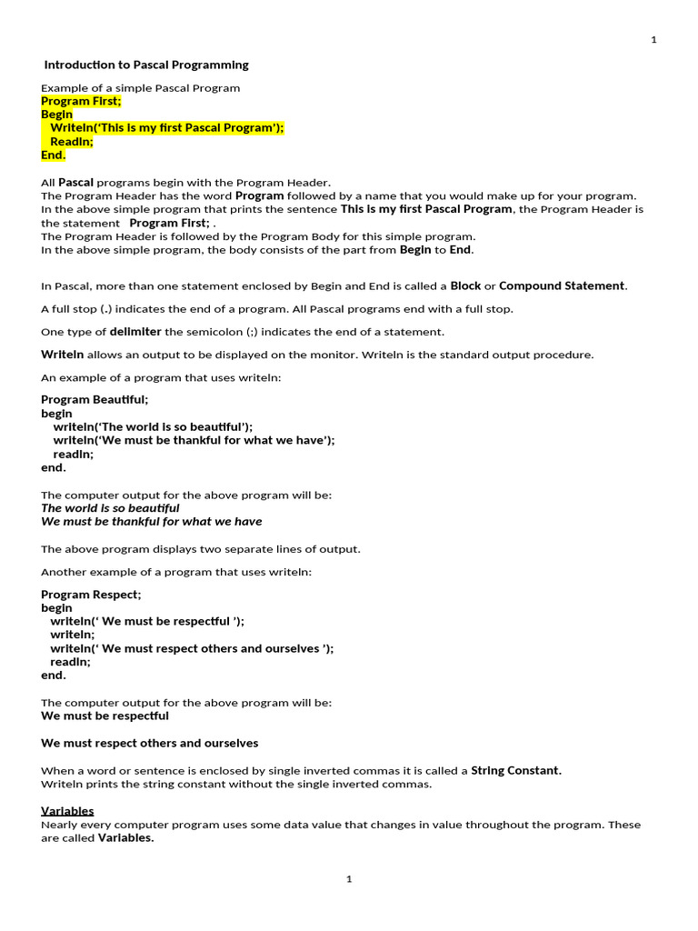 Introduction To Pascal Programming | PDF | Variable (Computer Science) | Programming