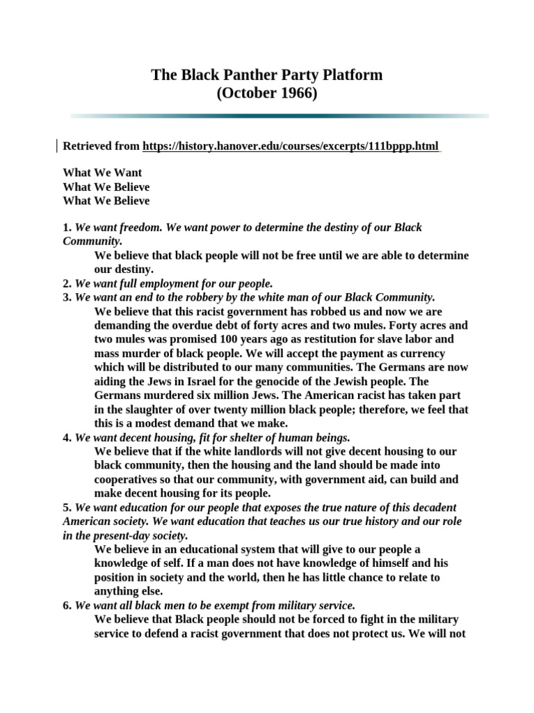 The Black Panther Party Platform Reading (1) | PDF | Justice | Crime ...