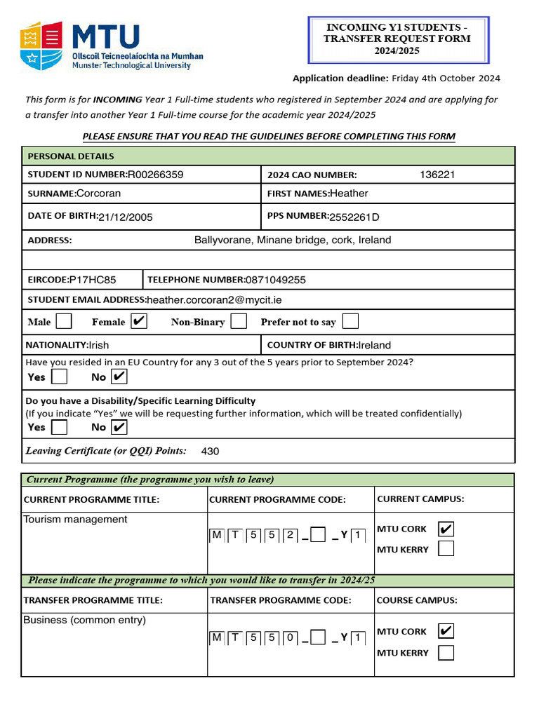 Incoming Y1 Transfer Request Form Sept 2024 2 | PDF