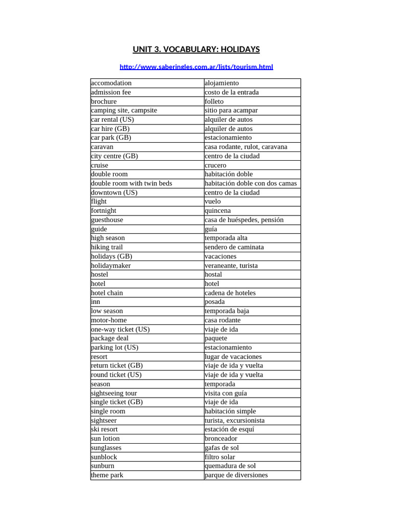 Vocabulario Esencial sobre Vacaciones | PDF | Turismo | Industria de la ...