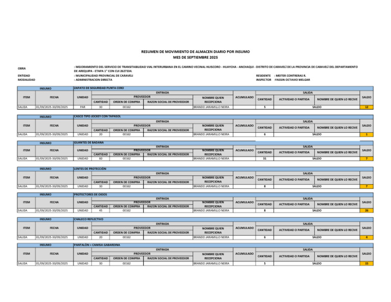 Resumen de Movimiento de Almacen Diario Por Insumo Septiembre | PDF