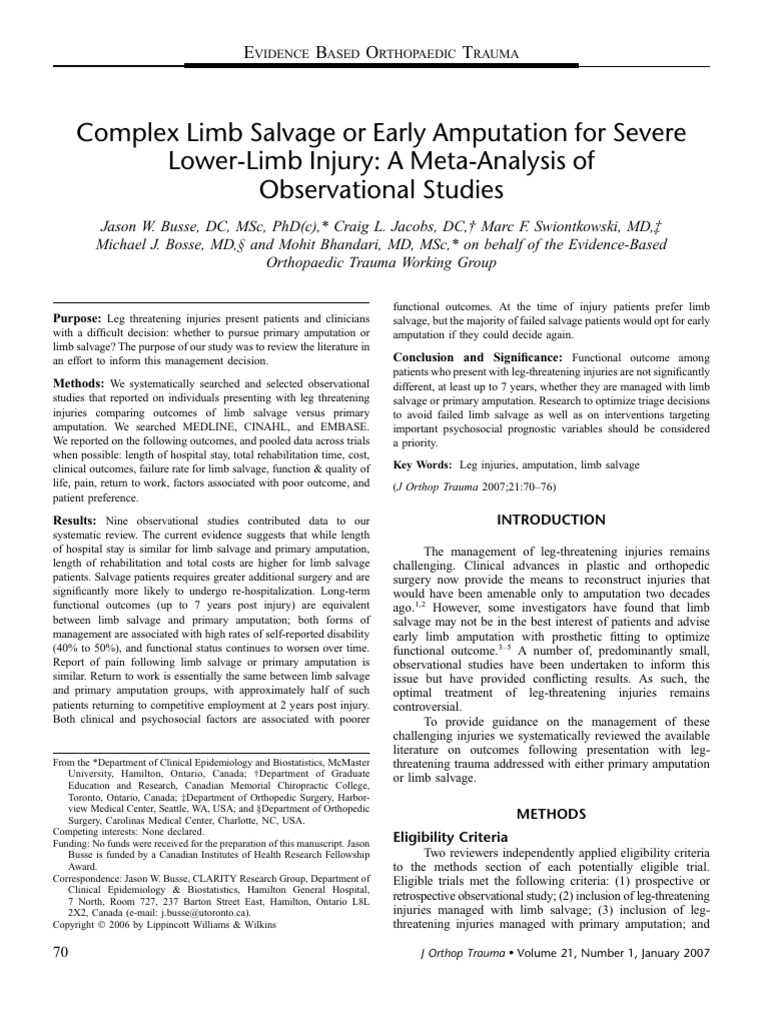 Complex Limb Salvage or Early Amputation For Severe Lower-Limb Injury ...