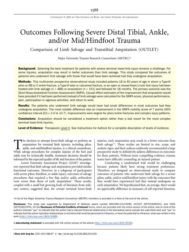 Outcomes Following Severe Distal Tibial, Ankle, And:Or Mid:Hindfoot ...