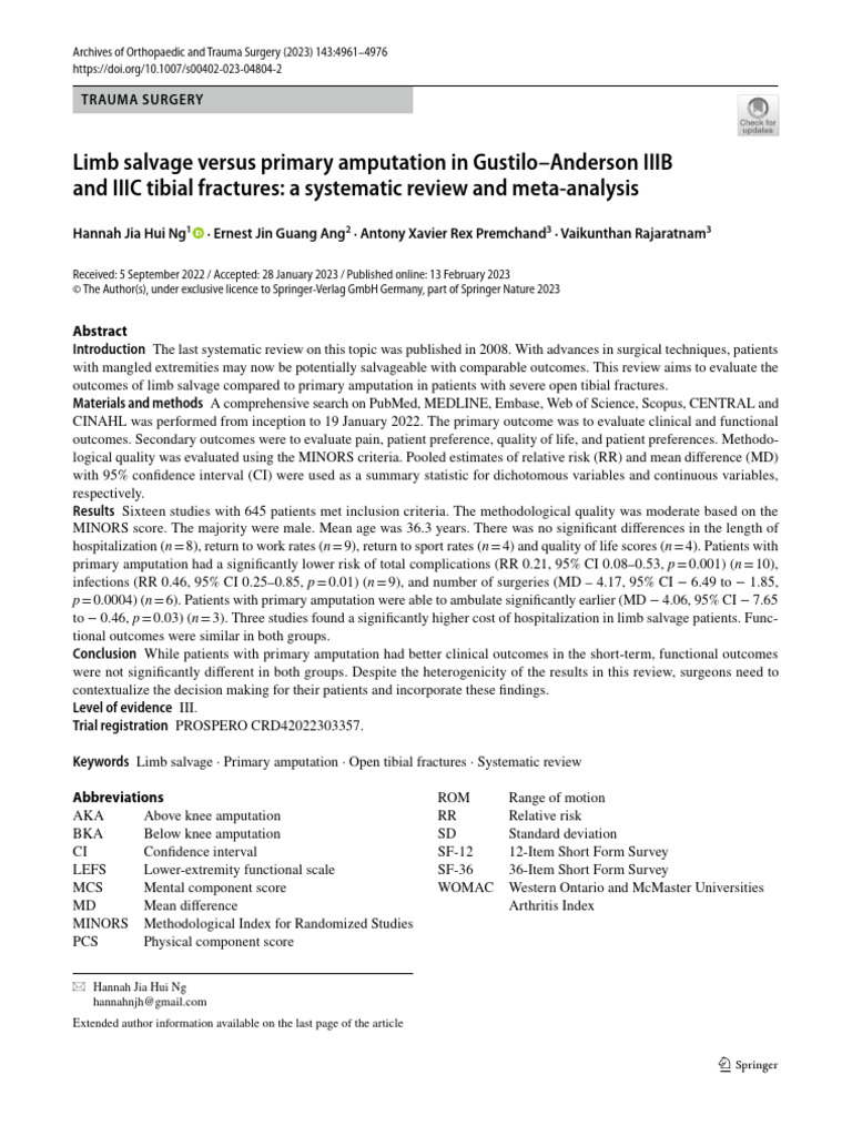 Limb Salvage Versus Primary Amputation in Gustilo–Anderson IIIB and IIIC Tibial Fractures: A ...