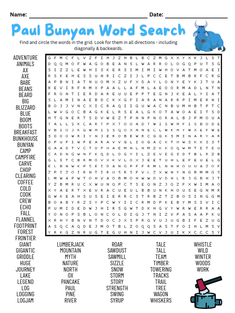 Paul Bunyan Word Search Puzzle Tall Tale Folklore Activity | PDF