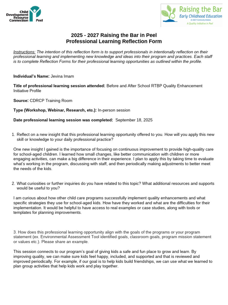 2025 - 2027 RTBP Professional Learning Reflection Form - JImam | PDF ...