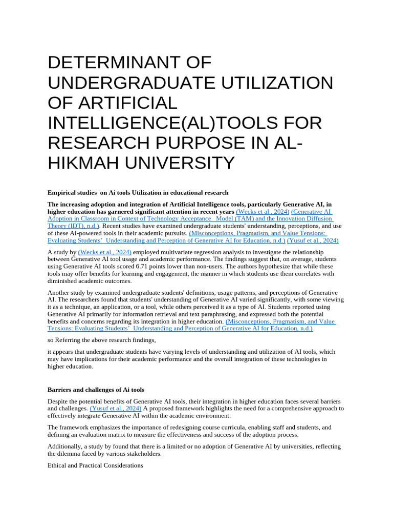 Determinant of Undergraduate Utilization of Artificial Intelligence Al ...