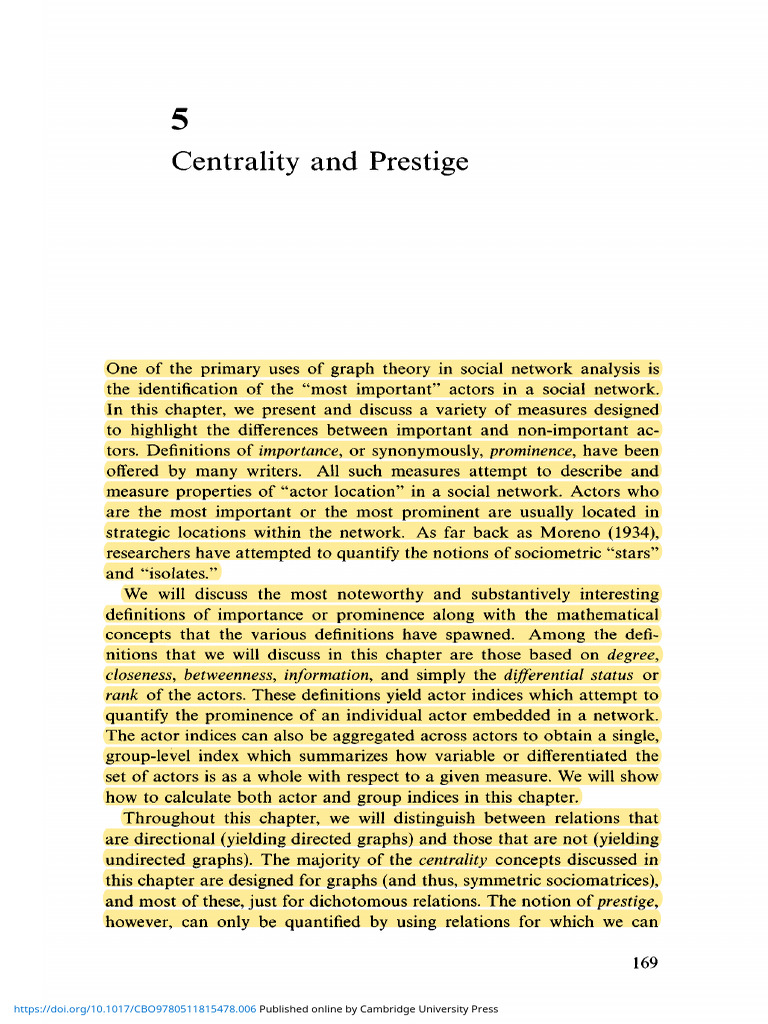 Wasserman Faust 2 Centrality and Prestige Excerpted Yellow Highlighted ...