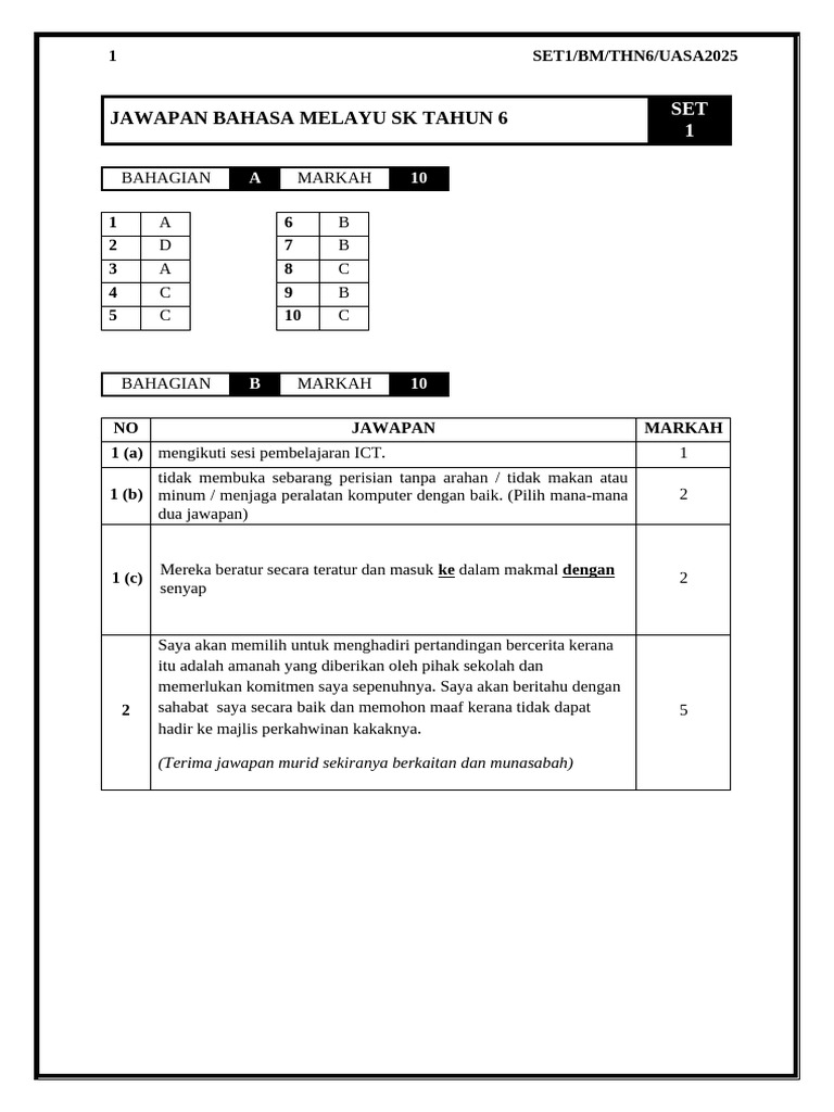 Set 1 Jawapan Bm Sk Tahun 6 Uasa 2025 By Cikgu Bib Rph365 Pdf