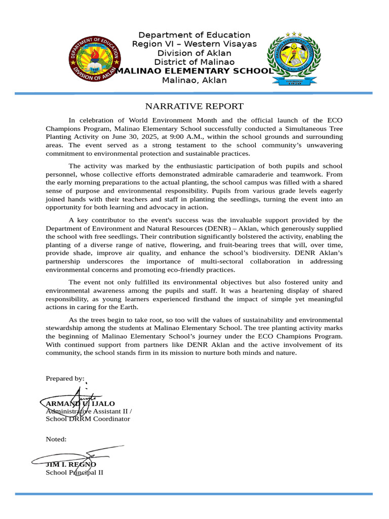 MalinaoES Narrative Report Tree Planting | PDF | Natural Environment