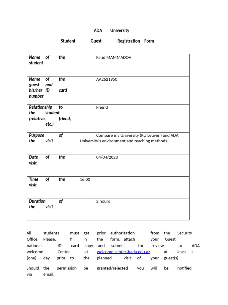 Ada Guest Registration | PDF