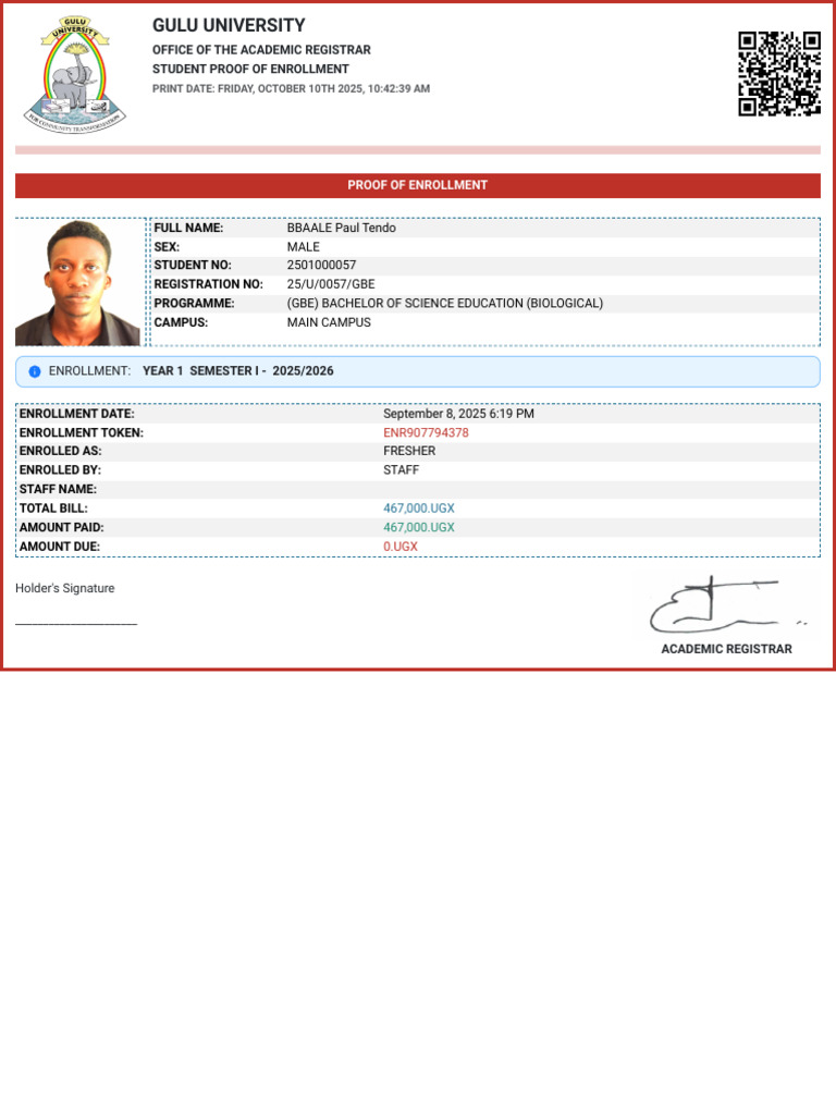 Gulu University Enrollment Proof 2025 | PDF